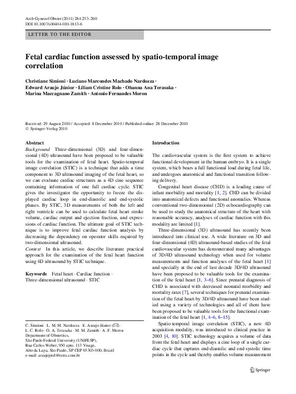 Pdf Fetal Cardiac Function Assessed By Spatio Temporal Image Correlation