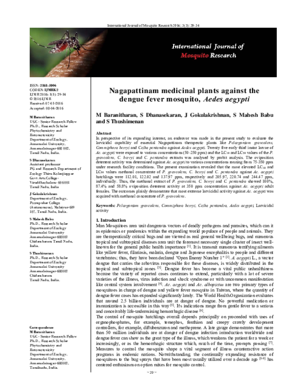 (PDF) Larvicidal and oviposition deterrent activity of Nagapattinam medicinal plants against the ...
