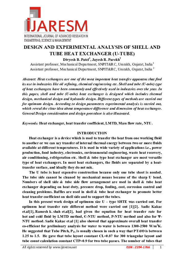 (PDF) Design and Experimental Analysis of Shell and Tube Heat Exchanger ...