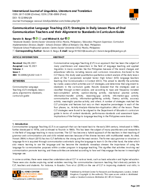 (PDF) Communicative Language Teaching (CLT) Strategies in Daily Lesson ...