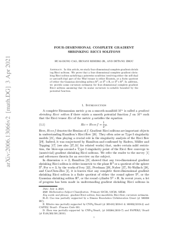 (PDF) Four-dimensional complete gradient shrinking Ricci solitons | Huai-Dong Cao - Academia.edu