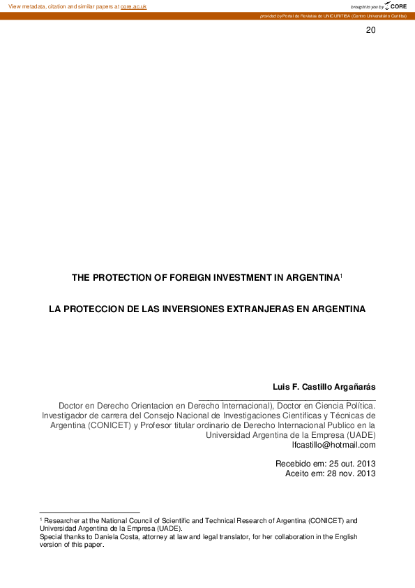 (PDF) The protection of foreign investment in Argentina | Luis F ...
