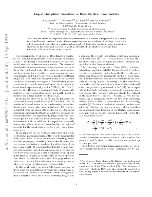 Pdf Liquid Gas Phase Transition In Bose Einstein Condensates Lauro Tomio