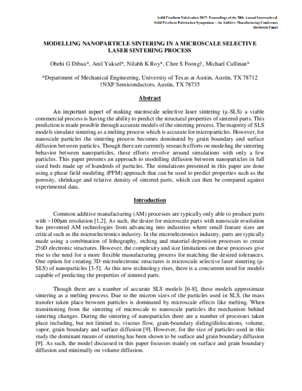 (PDF) Modelling Nanoparticle Sintering in a Microscale Selective Laser Sintering Process