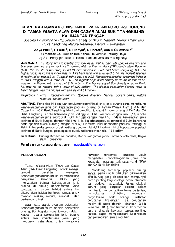 (PDF) Keanekaragaman Jenis Dan Kepadatan Populasi Burung DI Taman ...