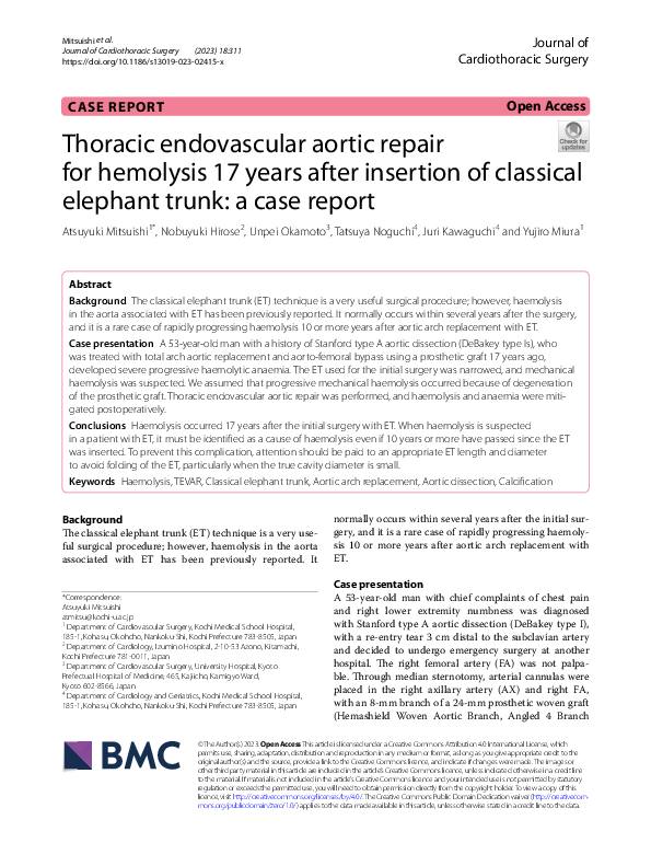 (PDF) Thoracic endovascular aortic repair for hemolysis 17 years after ...