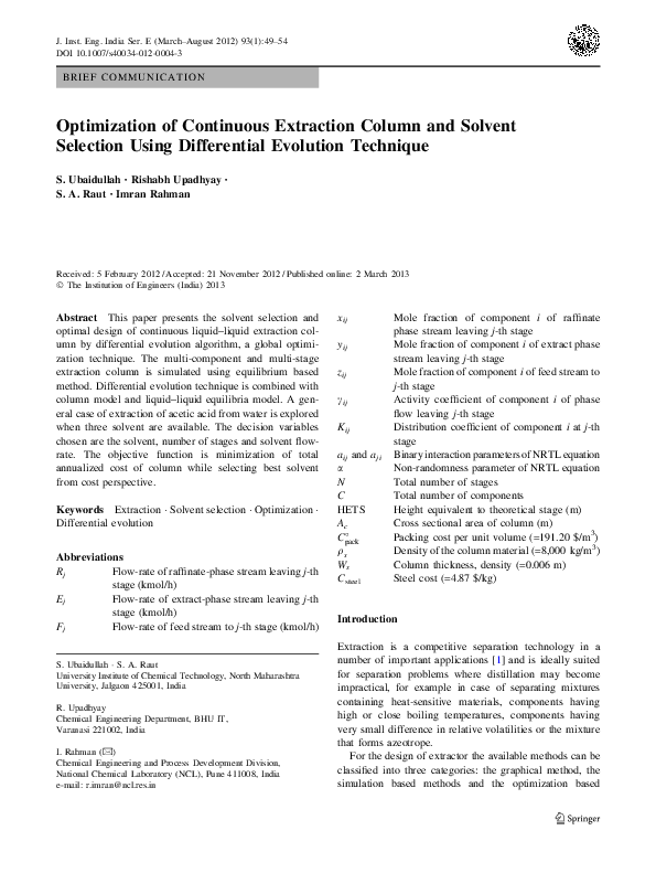 (PDF) Optimization of Continuous Extraction Column and Solvent ...