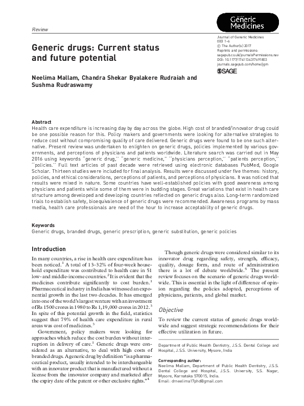 (PDF) Generic drugs: Current status and future potential