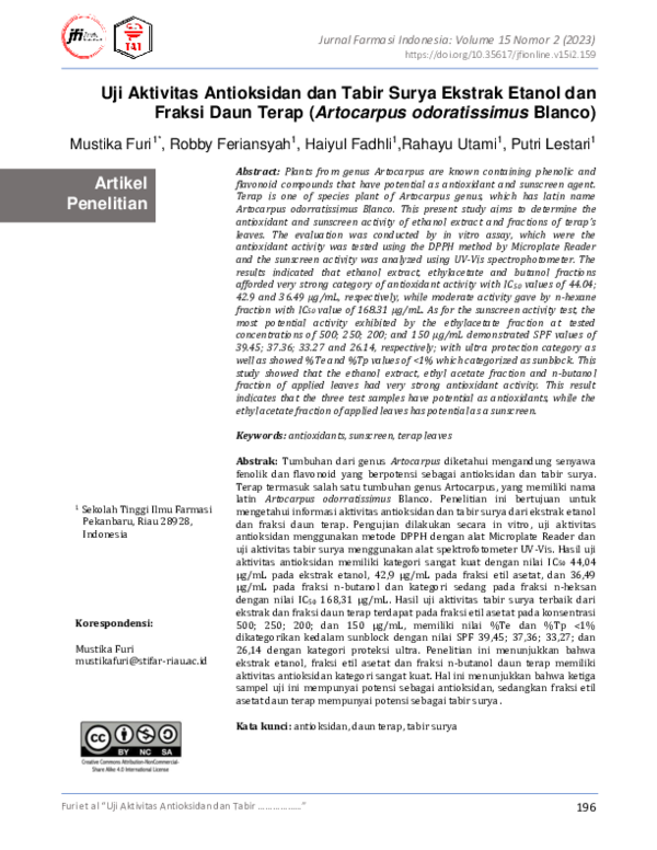 (PDF) UJI AKTIVITAS ANTIOKSIDAN DAN TABIR SURYA EKSTRAK ETANOL DAN FRAKSI DAUN TERAP (Artocarpus ...
