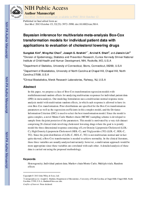 Pdf Bayesian Inference For Multivariate Meta Analysis Box Cox Transformation Models For