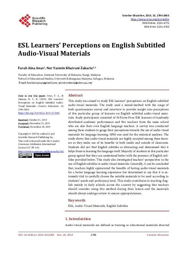 (PDF) ESL Learners’ Perceptions on English Subtitled Audio-Visual Materials