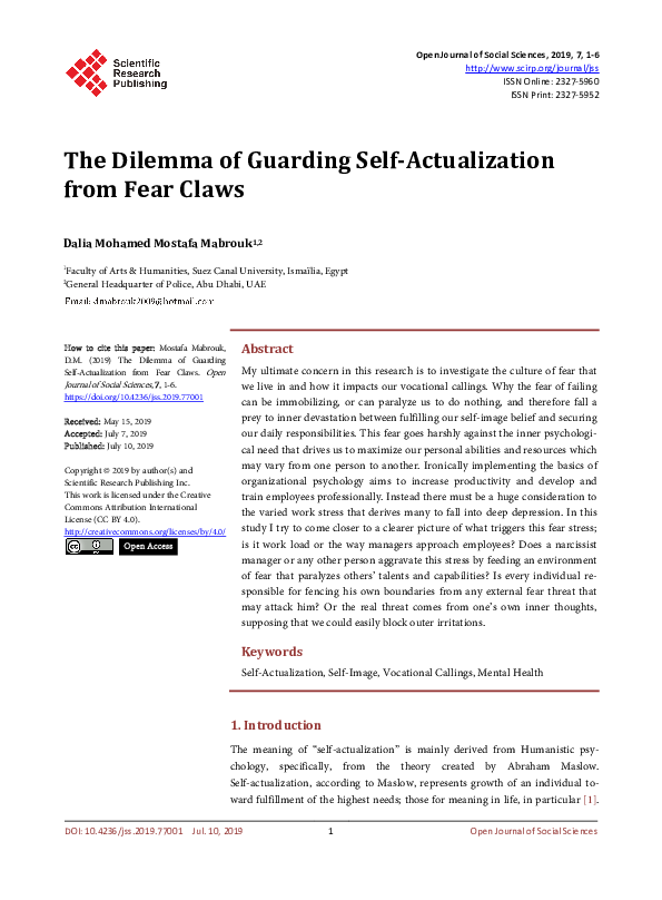 (PDF) The Dilemma of Guarding Self-Actualization from Fear Claws