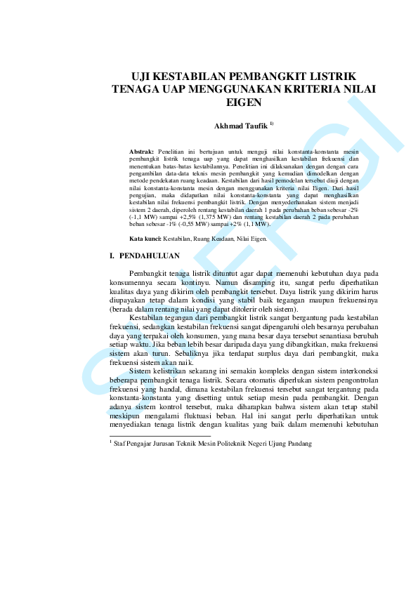 (PDF) Uji Kestabilan Pembangkit Listrik Tenaga Uap Menggunakan Kriteria ...
