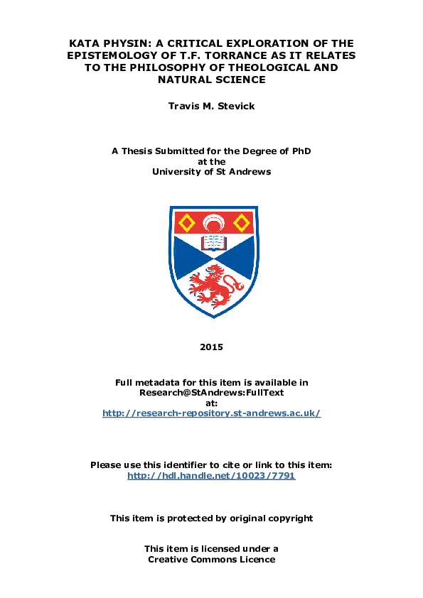 (PDF) T.F. Torrance: Epistemology in Theology and Science