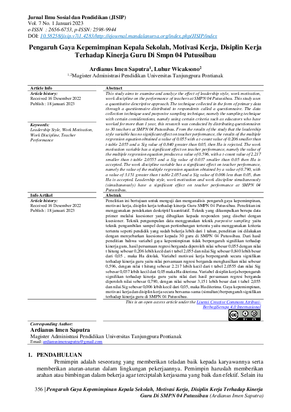 (PDF) Pengaruh Gaya Kepemimpinan Kepala Sekolah, Motivasi Kerja, Disiplin Kerja Terhadap Kinerja ...