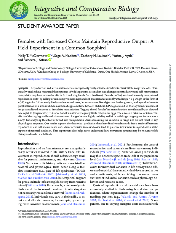 (PDF) Females with Increased Costs Maintain Reproductive Output: A ...