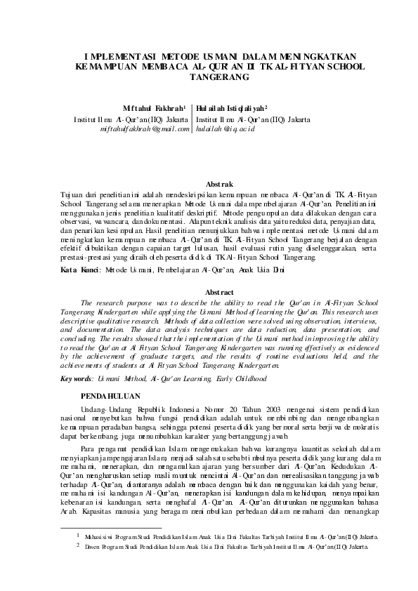 (PDF) Implementasi Metode Usmani Dalam Meningkatkan Kemampuan Membaca Al-Qur’An DI TK Al-Fityan ...