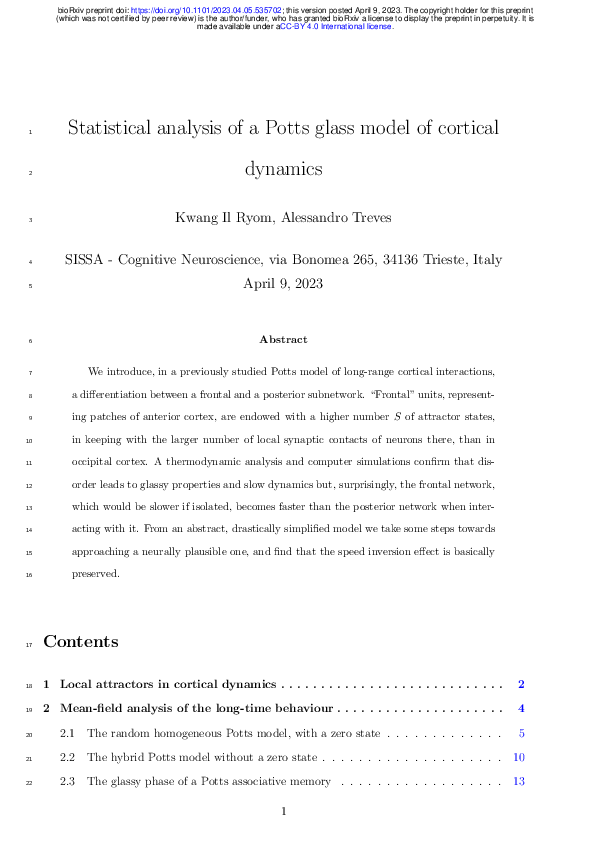 (PDF) Statistical analysis of a Potts glass model of cortical dynamics