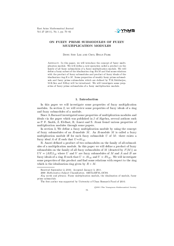 (PDF) On Fuzzy Prime Submodules of Fuzzy Multiplication Modules | Chul ...