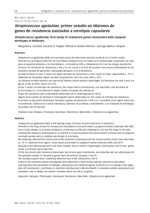 (PDF) Streptococcus agalactiae, primer estudio en Misiones de genes de ...