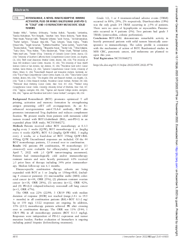 (PDF) 778 Botensilimab, a novel innate/adaptive immune activator, plus ...