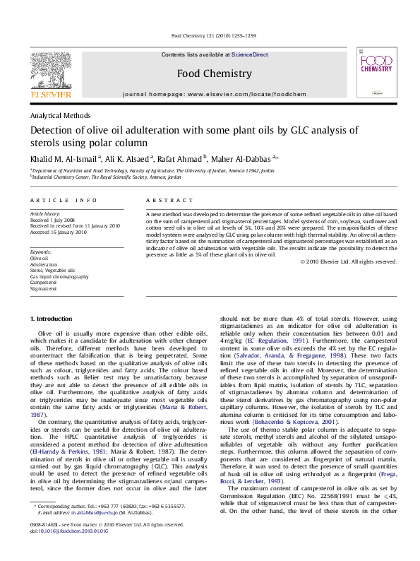 Pdf Detection Of Olive Oil Adulteration With Some Plant Oils By Glc Analysis Of Sterols Using
