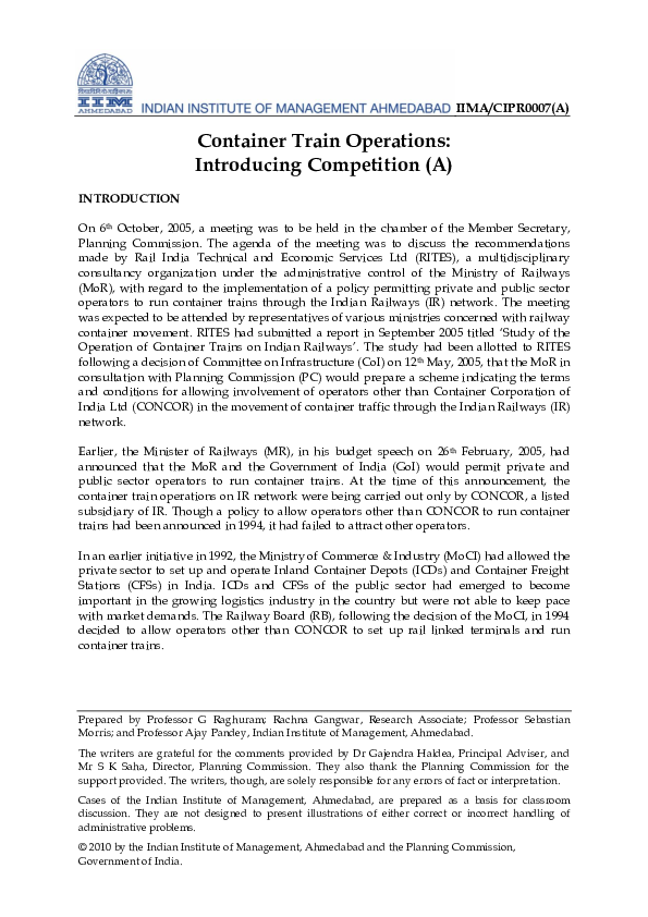 (PDF) Container Train Operations: Introducing Competition (A) | Prof. Sebastian Morris ...