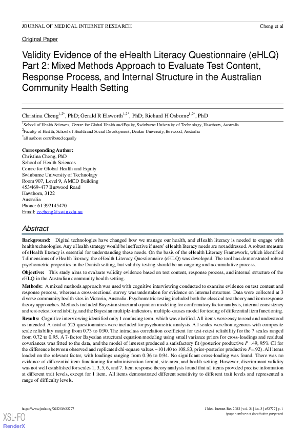 (PDF) Validity Evidence of the eHealth Literacy Questionnaire (eHLQ) Part 2: Mixed Methods ...