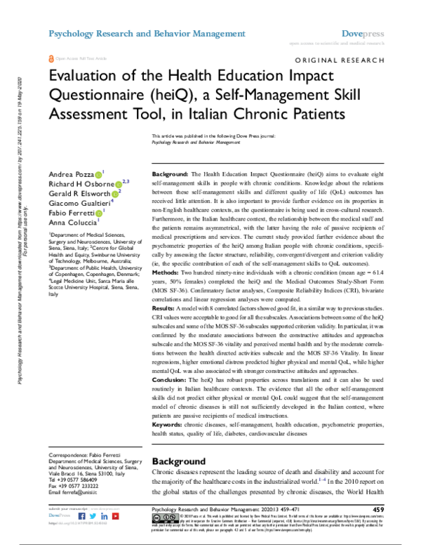 (PDF) Evaluation of the Health Education Impact Questionnaire (heiQ), a ...