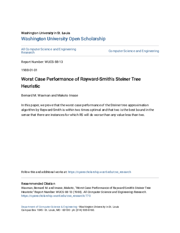 Pdf Worst Case Performance Of Rayward Smiths Steiner Tree Heuristic