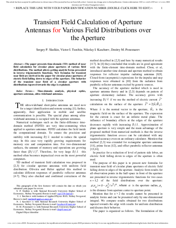 (PDF) Transient Field Calculation of Aperture Antennas for Various Field Distributions Over the ...