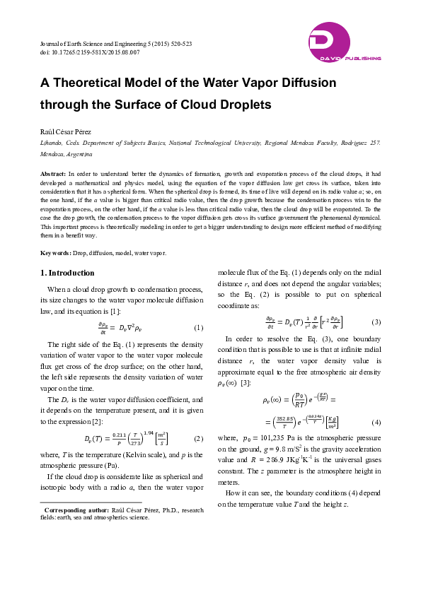(PDF) A Theoretical Model of the Water Vapor Diffusion through the ...