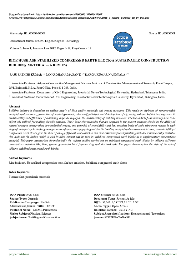 (PDF) RICE HUSK ASH STABILIZED COMPRESSED EARTH BLOCK-A SUSTAINABLE ...