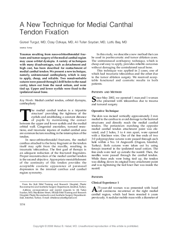 Pdf A New Technique For Medial Canthal Tendon Fixation Gursel Turgut