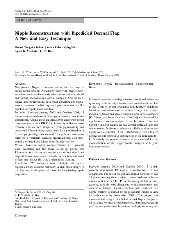 (PDF) Nipple Reconstruction with Bipedicled Dermal Flap: A New and Easy ...