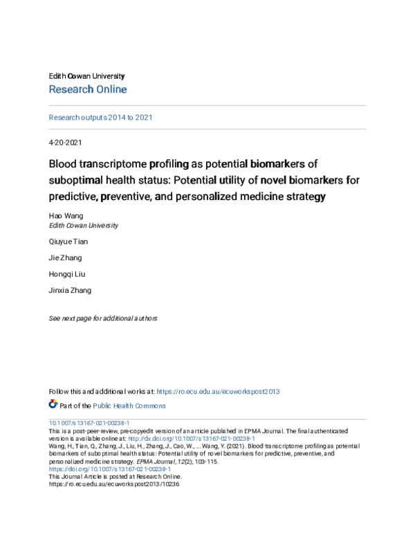(PDF) Blood transcriptome profiling as potential biomarkers of ...
