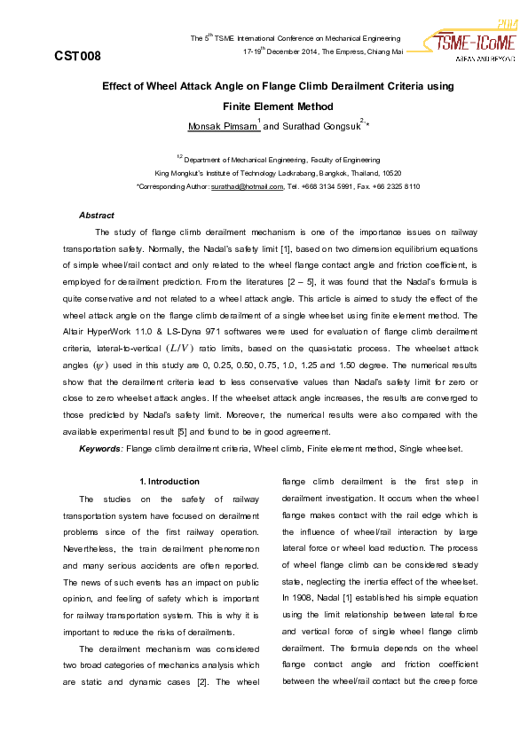 (PDF) Effect of Wheel Attack Angle on Flange Climb Derailment Criteria using Finite Element Method