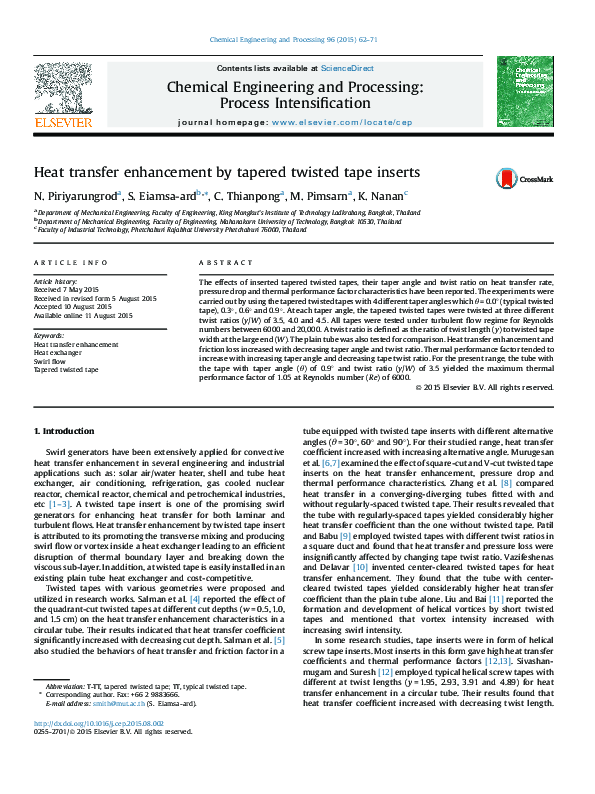 (PDF) Heat transfer enhancement by tapered twisted tape inserts