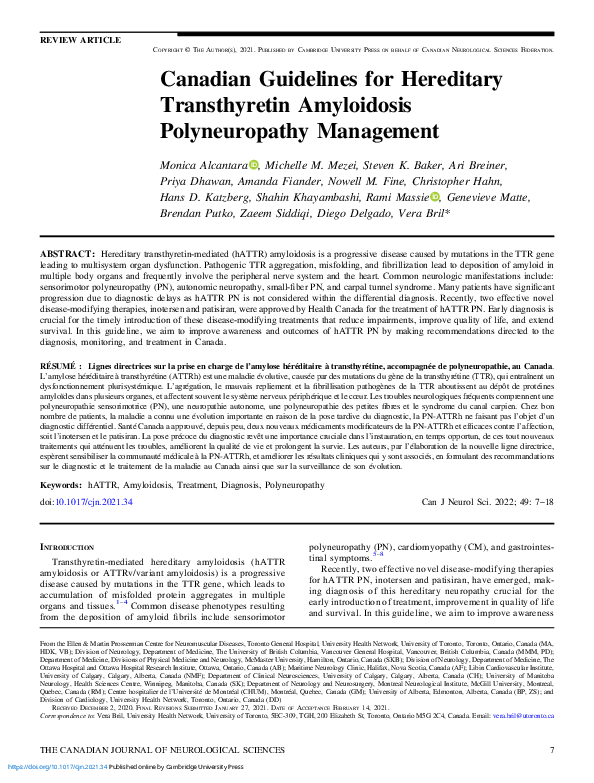 (PDF) Canadian Guidelines for Hereditary Transthyretin Amyloidosis Polyneuropathy Management