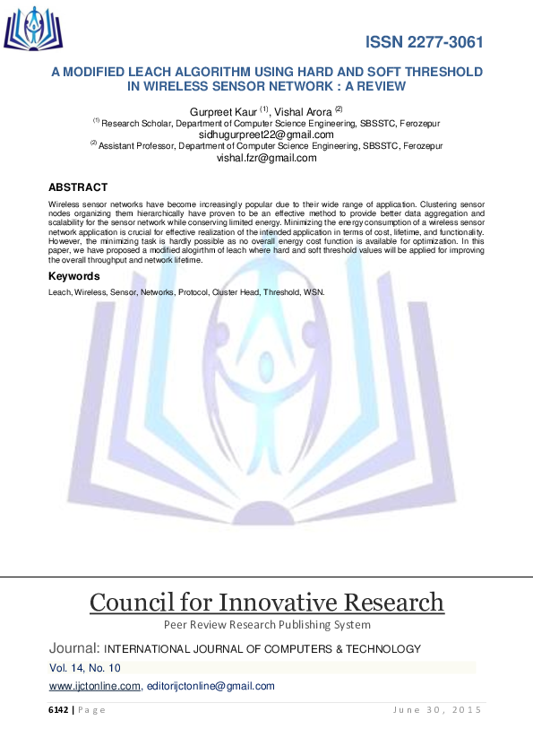 (PDF) A Modified Leach Algorithm Using Hard and Soft Threshold in Wireless Sensor Network: A Review