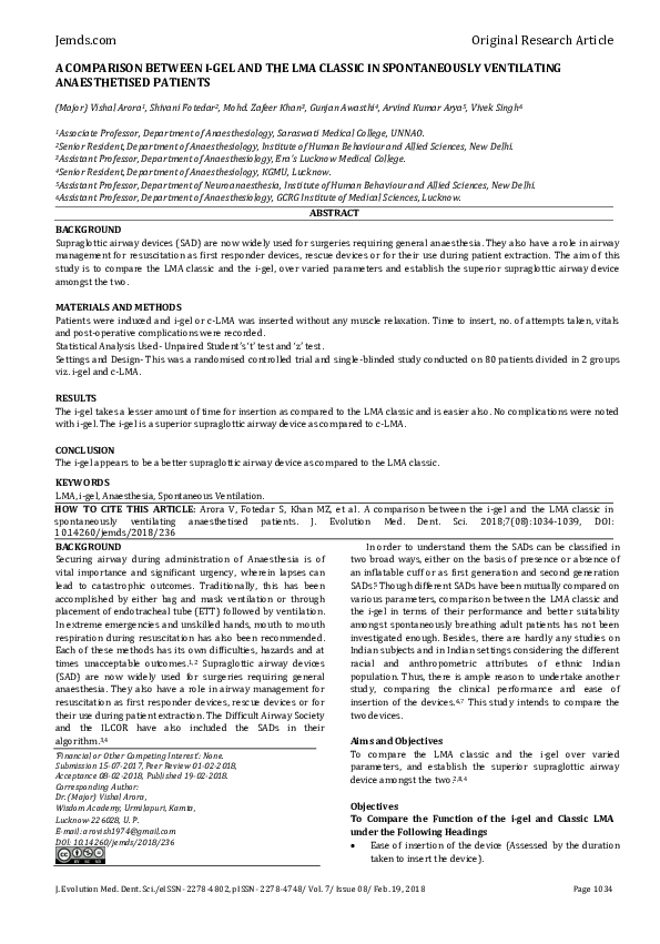 (PDF) A Comparison Between I-Gel and the Lma Classic in Spontaneously ...