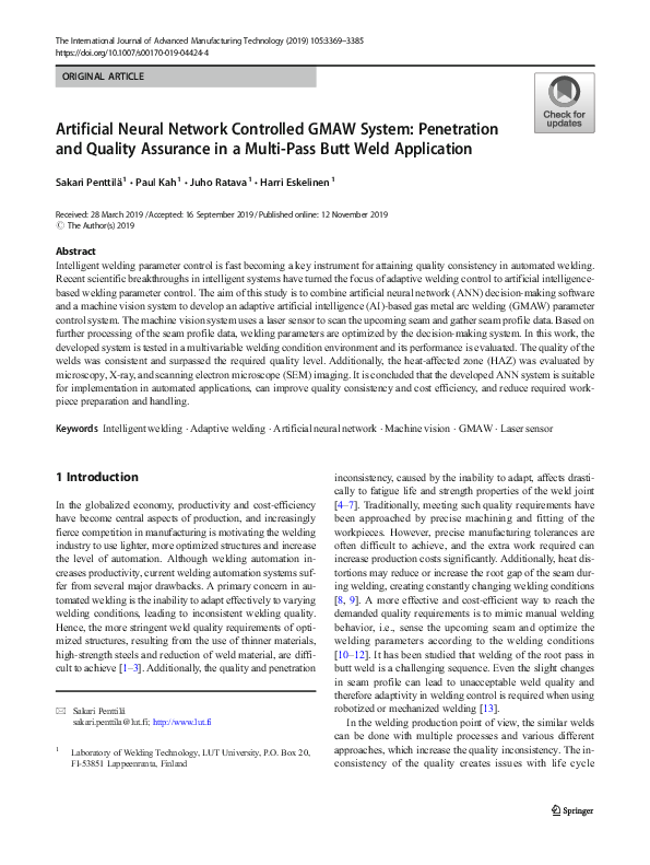 (PDF) Artificial Neural Network Controlled GMAW System: Penetration and Quality Assurance in a ...