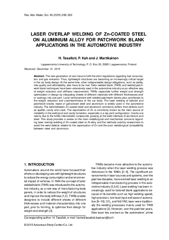 (PDF) LASER OVERLAP WELDING OF Zn-COATED STEEL ON ALUMINIUM ALLOY FOR ...