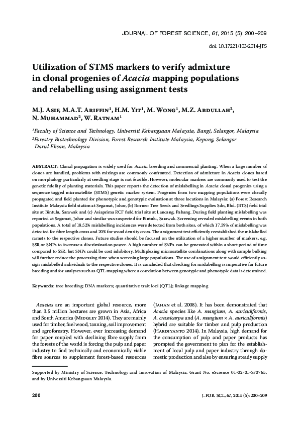 Pdf Utilization Of Stms Markers To Verify Admixture In Clonal Progenies Of Acacia Mapping