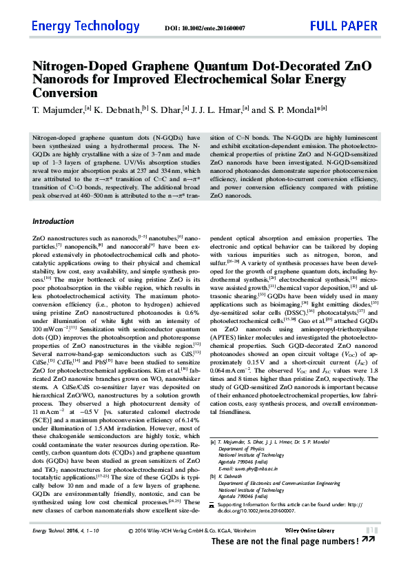 (PDF) Nitrogen-Doped Graphene Quantum Dot-Decorated ZnO Nanorods for Improved Electrochemical ...