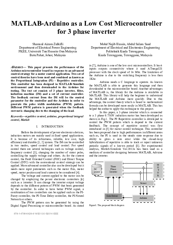 Pdf Matlab Arduino As A Low Cost Microcontroller For 3 Phase Inverter
