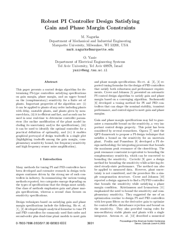 (PDF) Robust PI controller design satisfying gain and phase margin constraints | Mark Nagurka ...