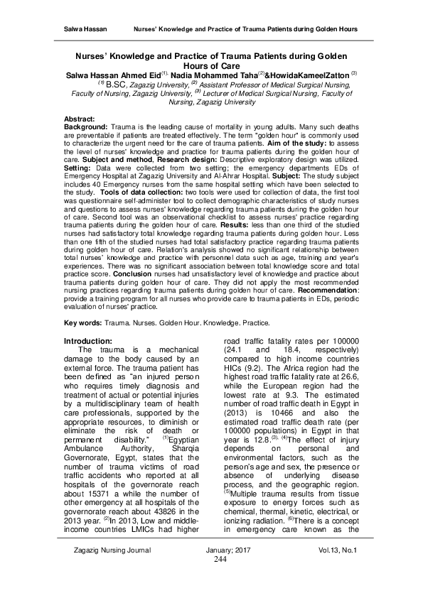 (PDF) Nurses’ Knowledge and Practice of Trauma Patients during Golden ...