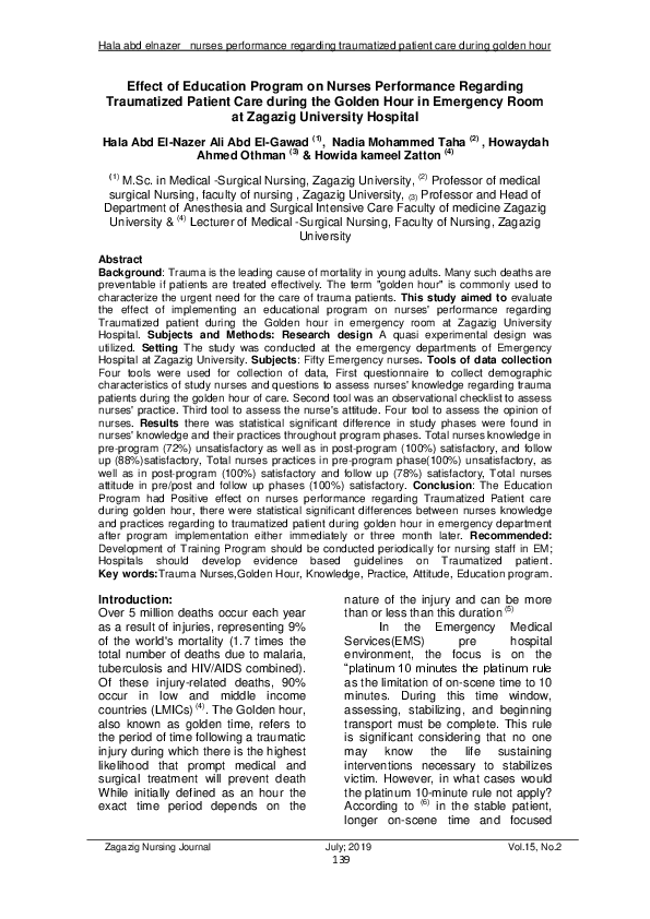 (PDF) Effect of Education Program on Nurses Performance Regarding Traumatized Patient Care ...