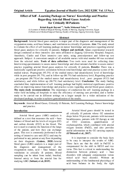 (PDF) Effect of Self –Learning Package on Nurses' Knowledge and Practice Regarding Arterial ...